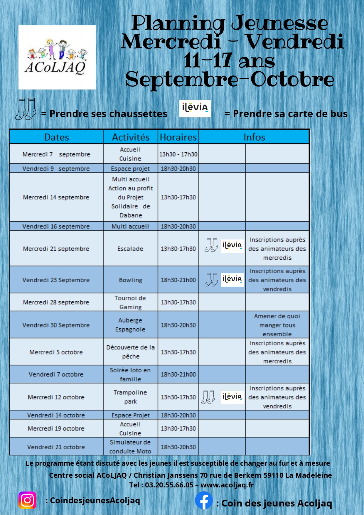 Planning Mercredis et Vendredis Ados 11-17 ans – Centre social Planning Mercredis et Vendredis Ados 11-17 ans – Centre social
